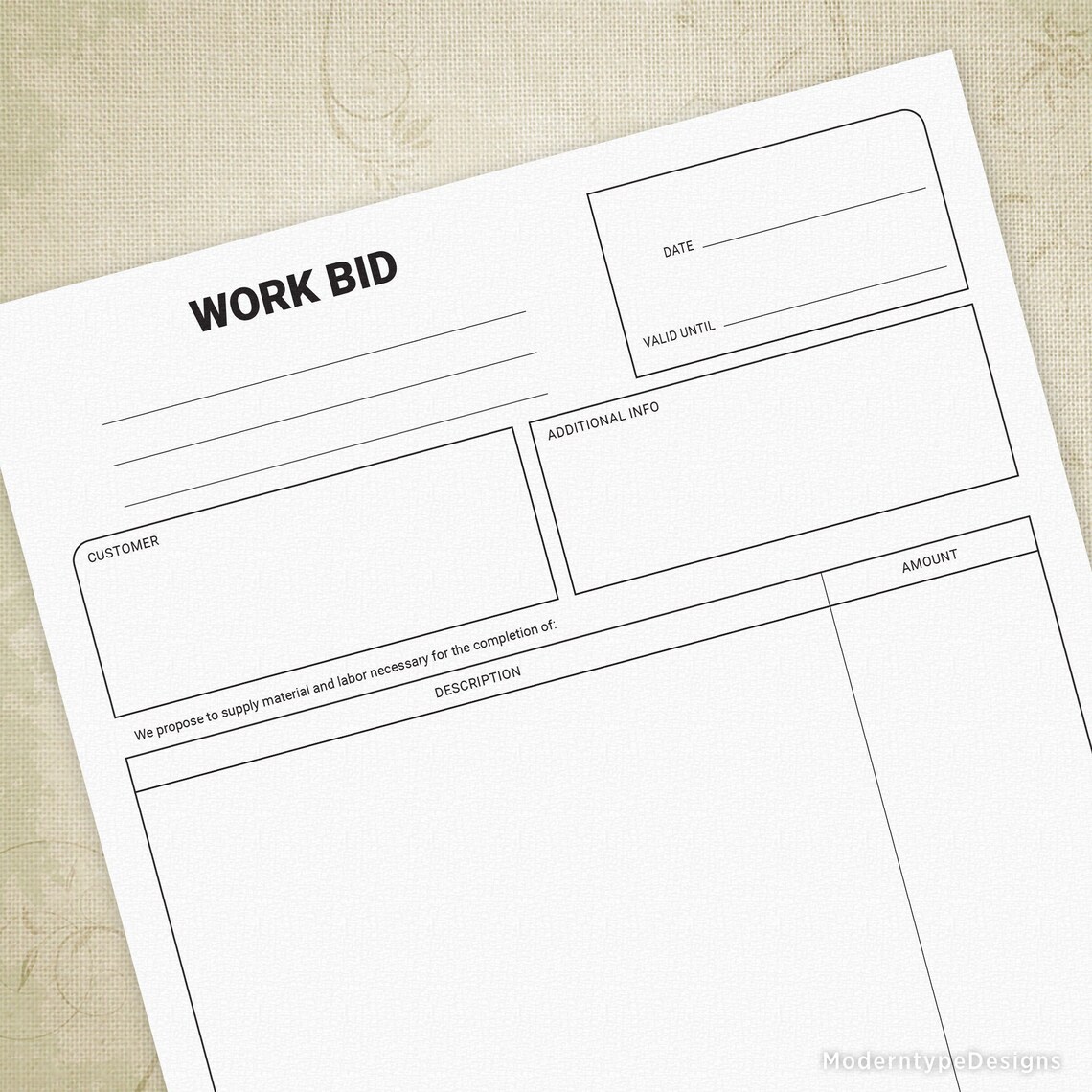 Work Bid Printable, Job Proposal, Company Business Forms, Digital File ...
