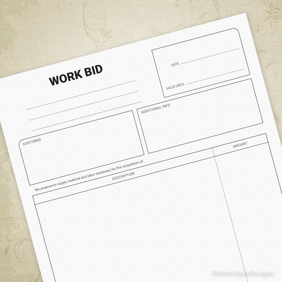 Work Bid Printable Job Proposal Company Business Forms | Etsy