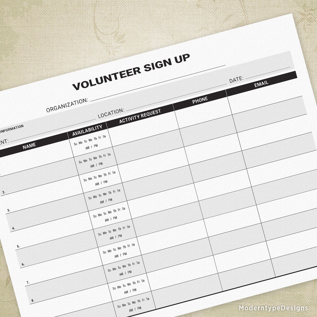 Volunteer Sign up Printable Form, Event Organization Planner for ...