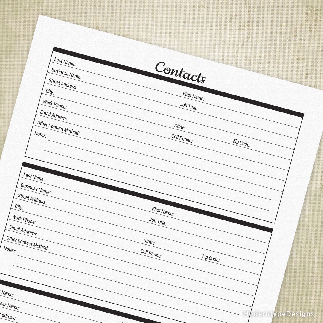 Contacts Page Printable, Digital Download, Addresses Book, Directory ...