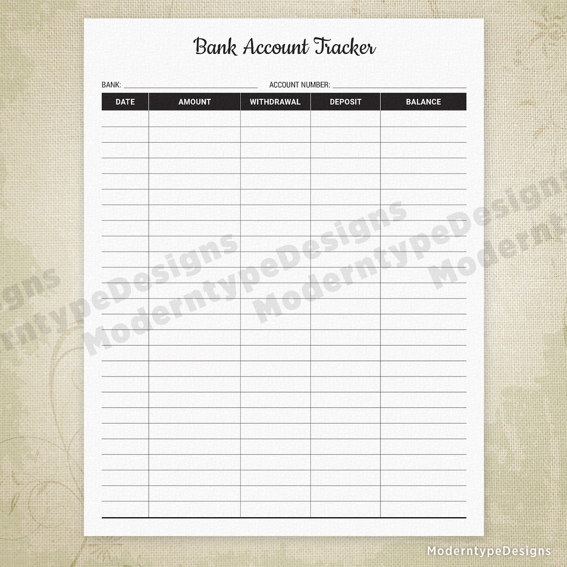 Bank Account Tracker Printable Form, Bank Deposit Log, Money Balance ...