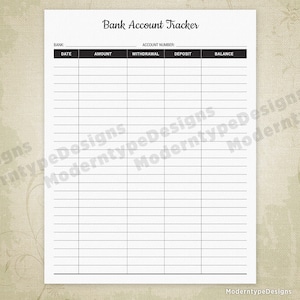 Bank Account Tracker Printable Form, Bank Deposit Log, Money Balance ...