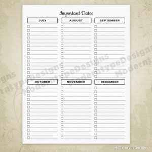 Important Dates Printable Digital Download, Monthly Planner, Birth ...