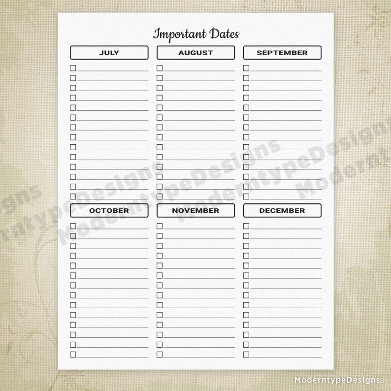 Important Dates Printable Digital Download, Monthly Planner, Birth ...