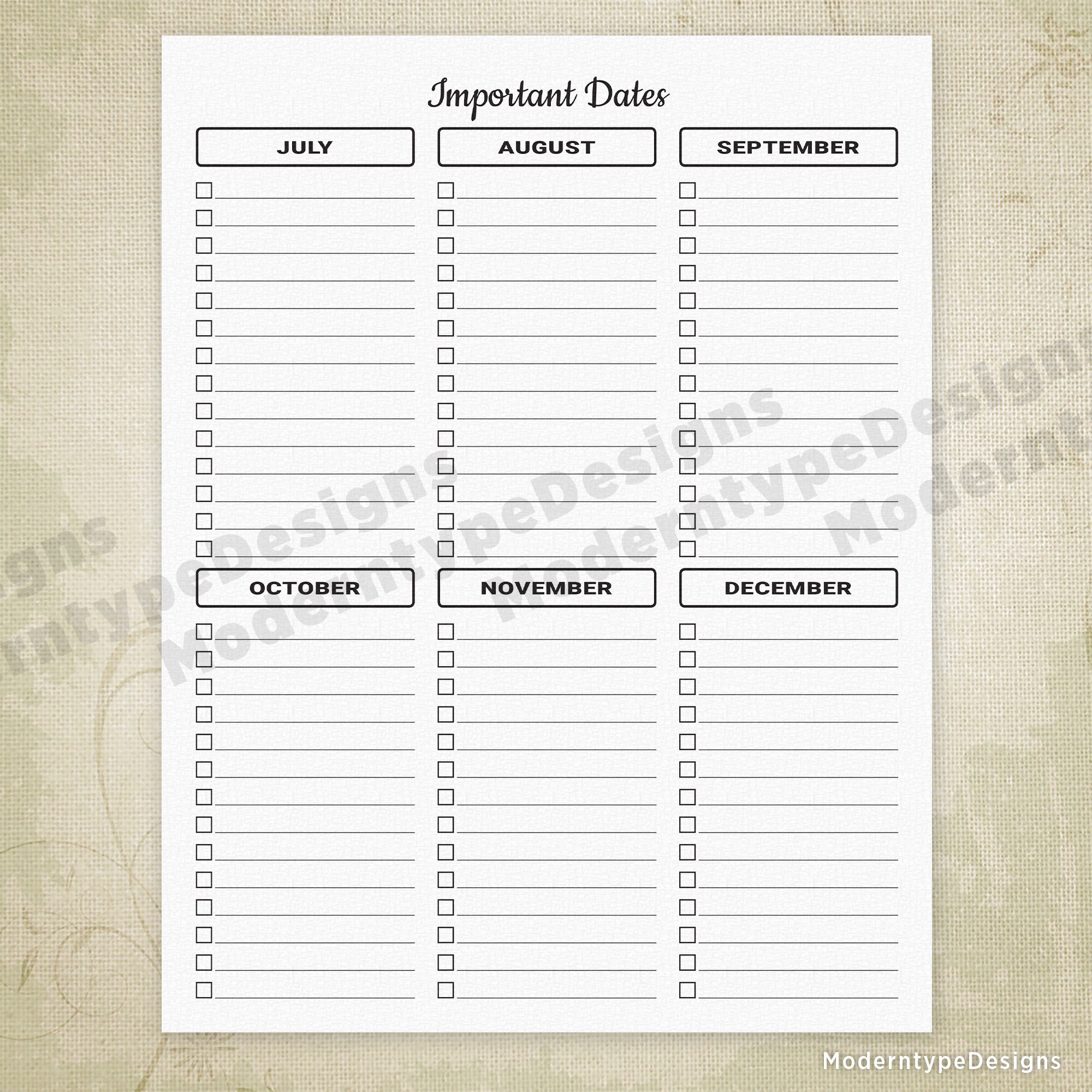 Important Dates Printable Digital Download, Monthly Planner, Birth ...