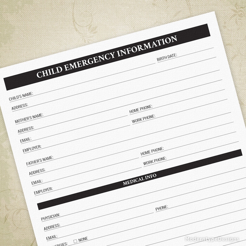 Child Emergency Information Printable, Parent Contact Form, Doctor and ...