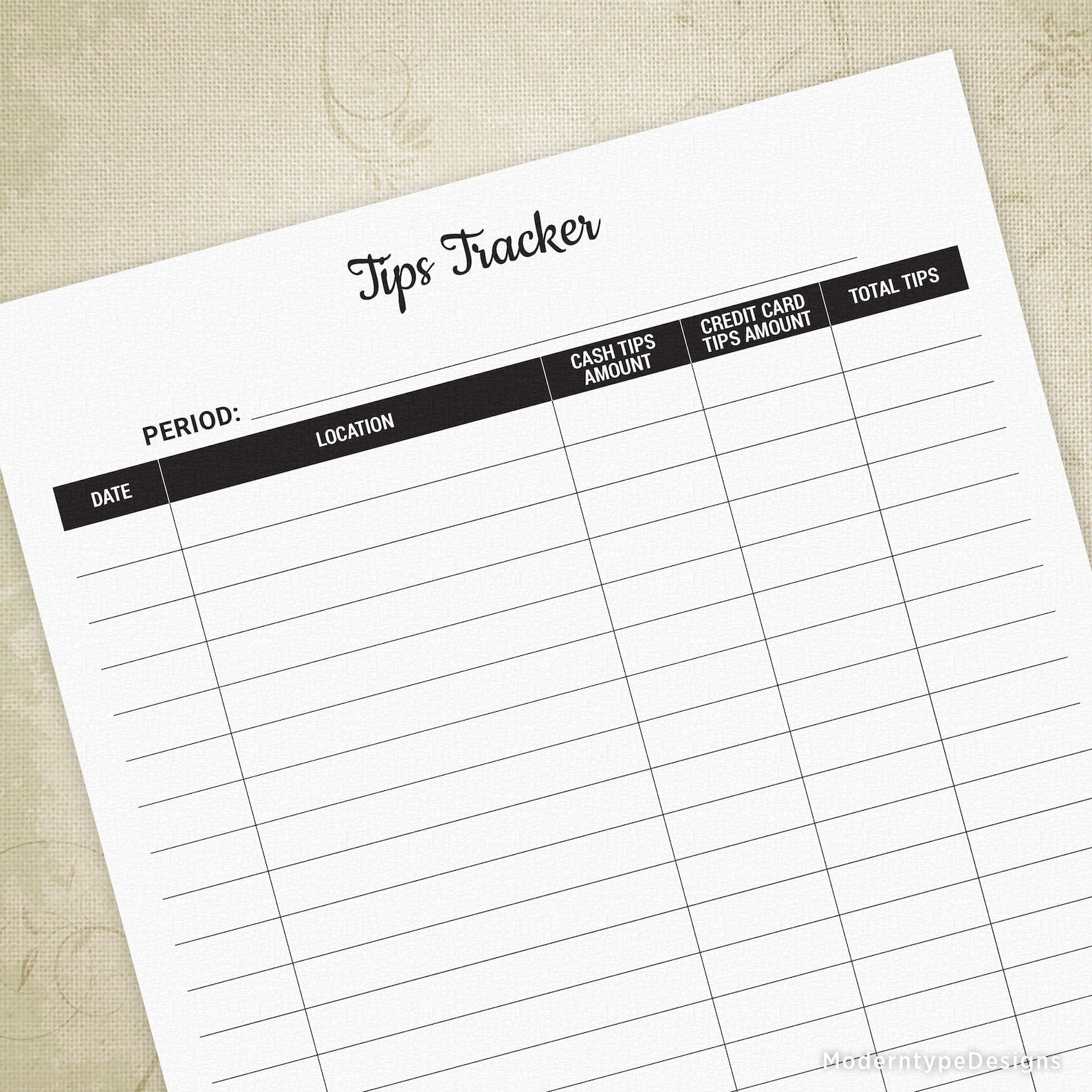 Tips Tracker Printable, Gratuity Log, Financial Planner, Waiter ...