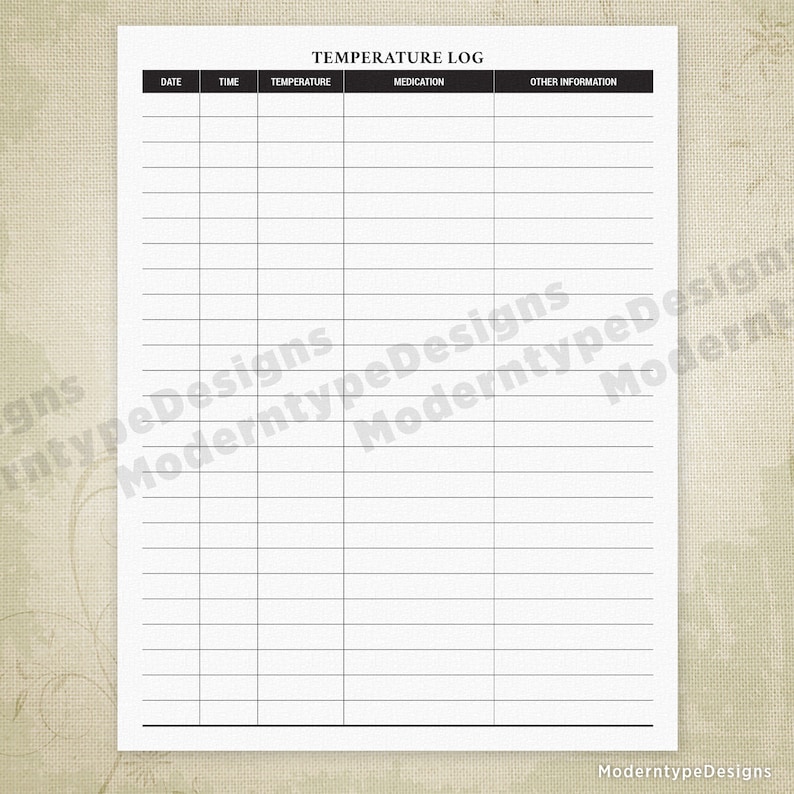 Temperature Log Printable Form, Health Planner for Patients, Medication ...