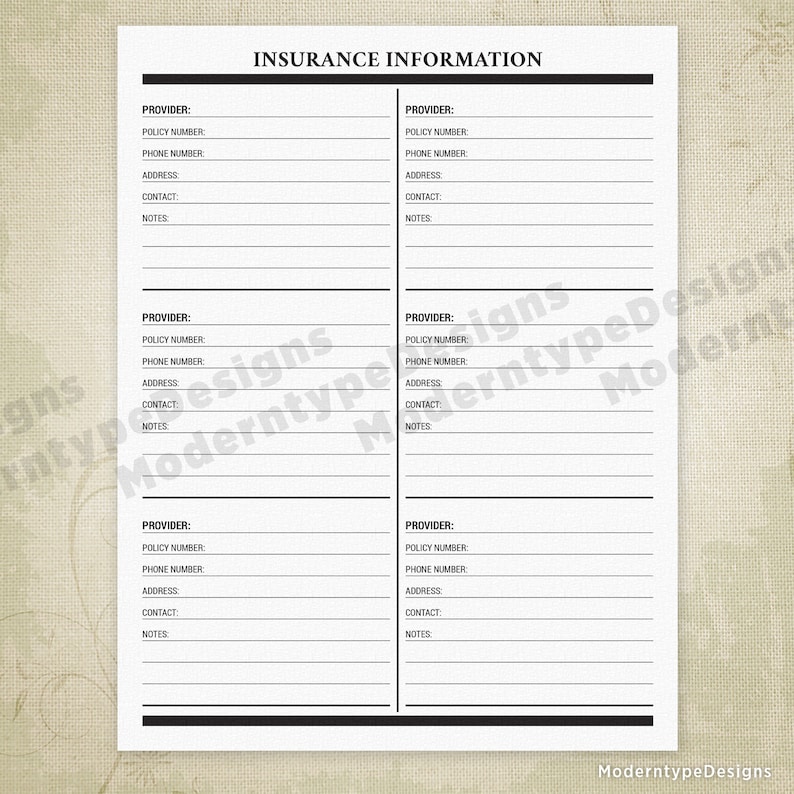 Insurance Information Printable Tracker, Car, Homeowners, Life, Dental ...