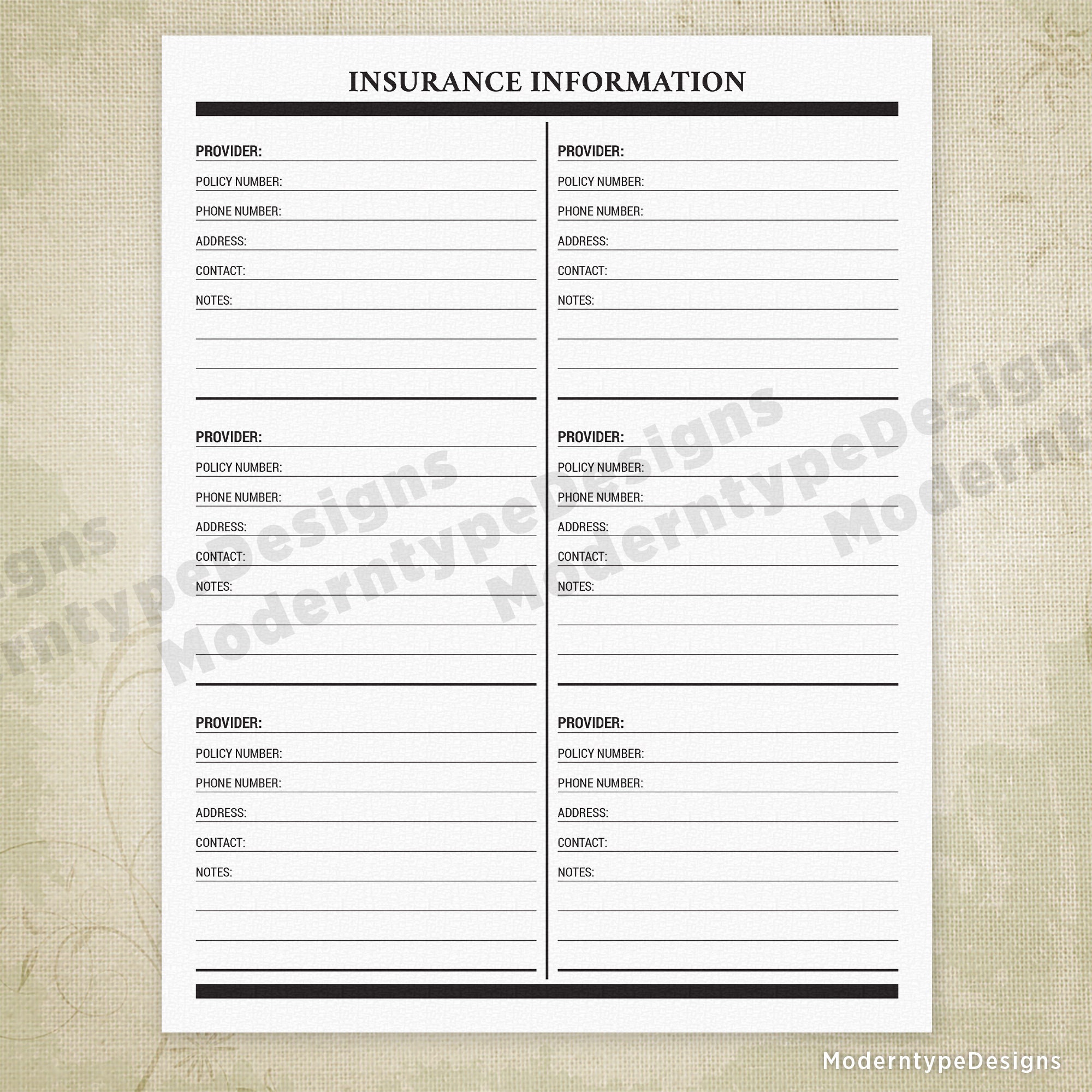 Insurance Information Printable Tracker, Car, Homeowners, Life, Dental ...