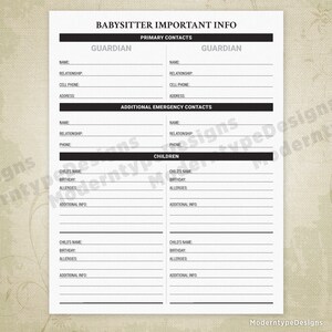 Babysitter Important Info Printable, Date Night Contact Sheet, Sitting ...