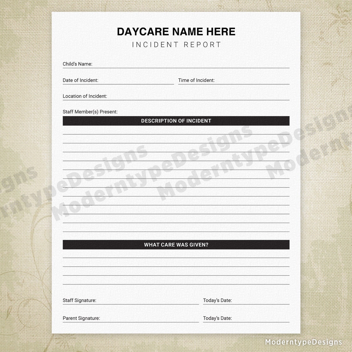 Incident Report Printable, Daycare Form, Child Accident, Ouchie Sheet ...
