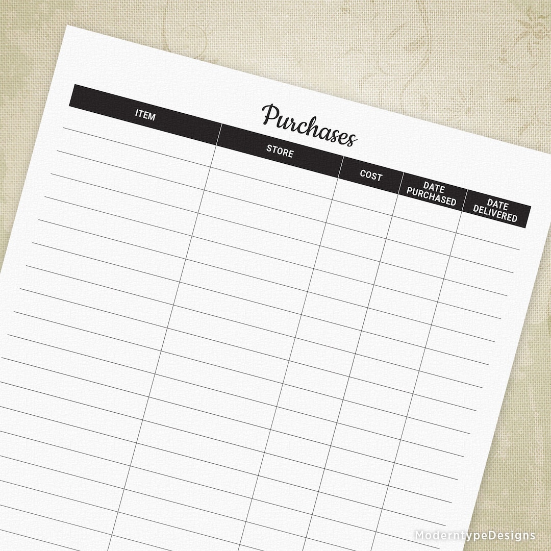 Purchases Tracker Printable, Organizer Planner, Spending and Shopping ...