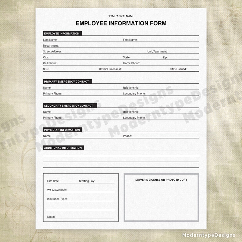Employee Information Printable Form, New Hire Sheet, Digital File ...