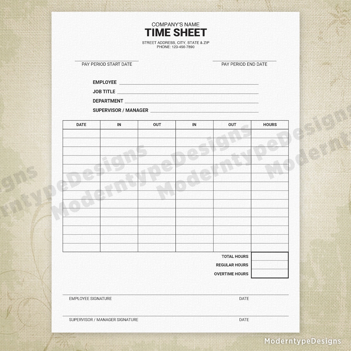 Employee Time Sheet Printable Form Timesheet Working Hours - Etsy Canada