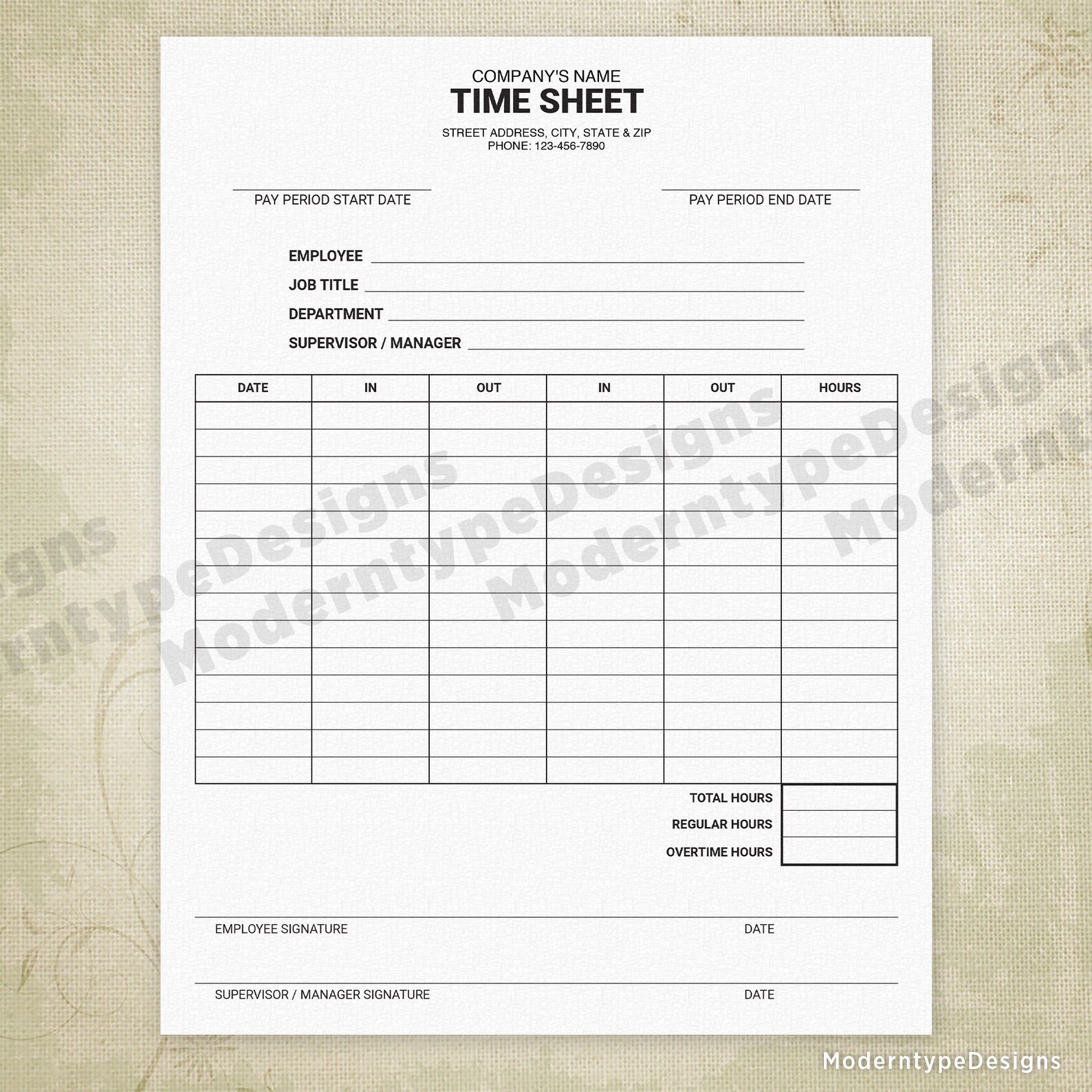 Employee Time Sheet Printable Form, Timesheet, Working Hours, Digital ...