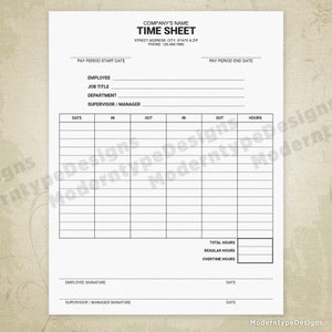 Employee Time Sheet Printable Form, Timesheet, Working Hours, Digital ...