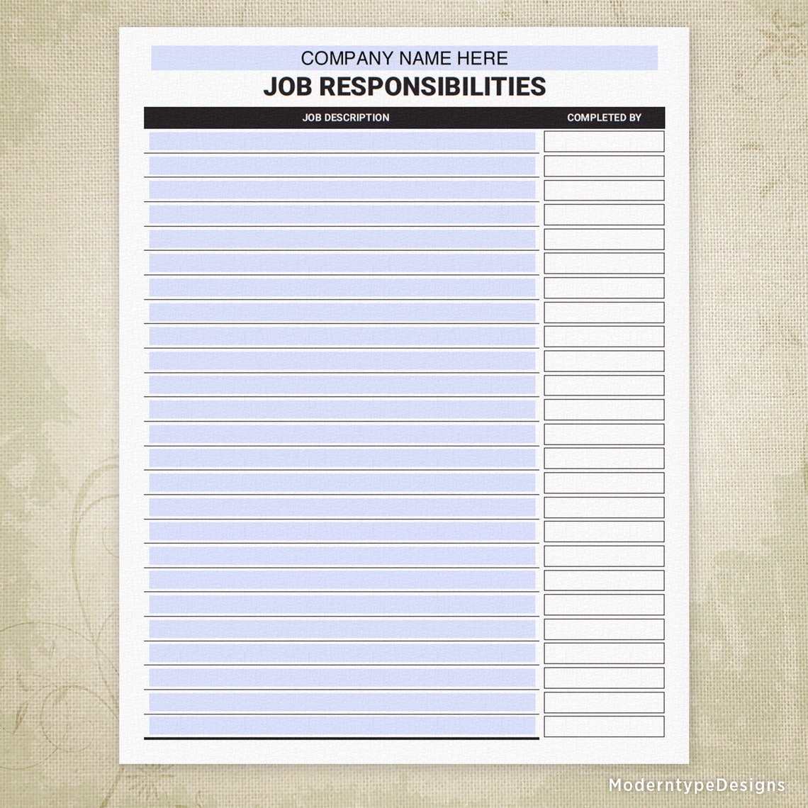 Job Responsibility Checklist Printable, Editable Company Task Log ...