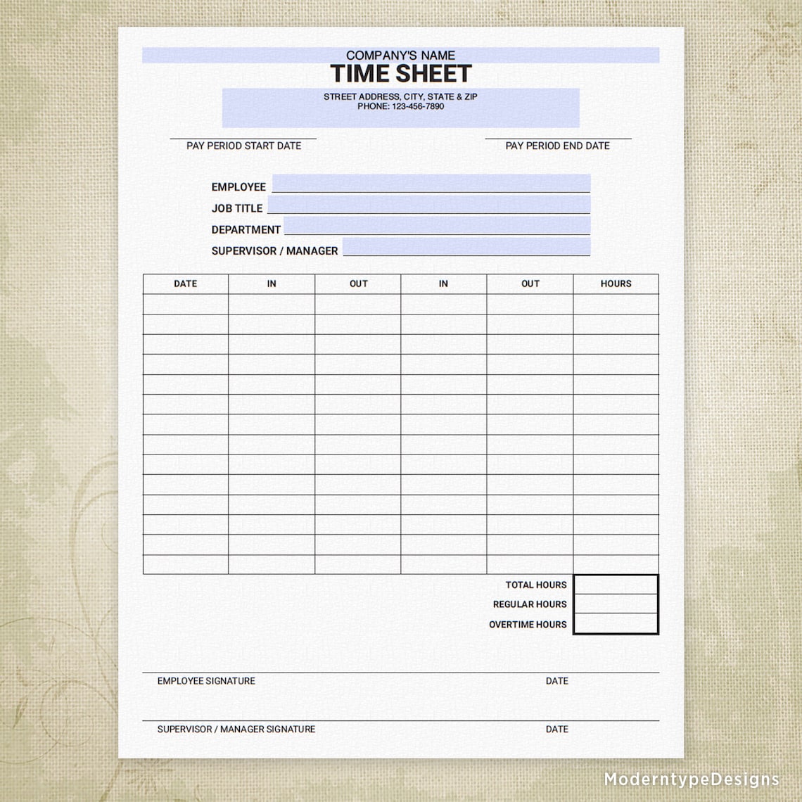 Employee Time Sheet Printable Form, Timesheet, Working Hours, Digital ...