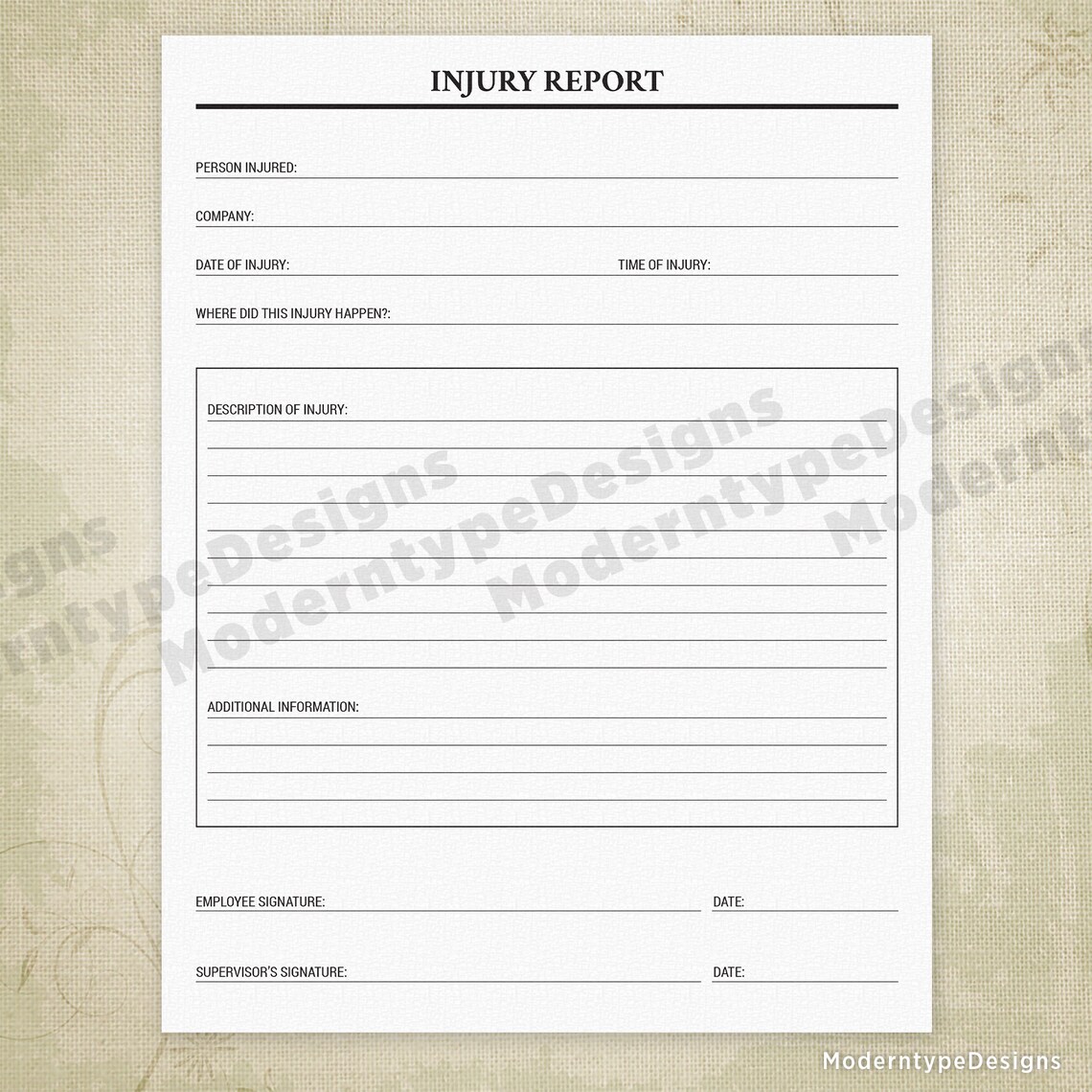 Company Injury Report Printable, Incident Form, First Aid Log Chart ...