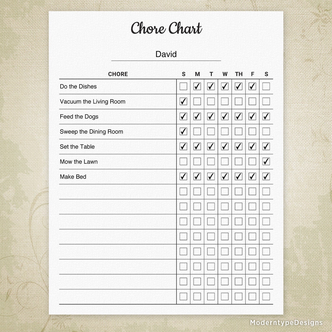 Chore Chart Printable Form for Kids With Editable Chore List, Weekly ...