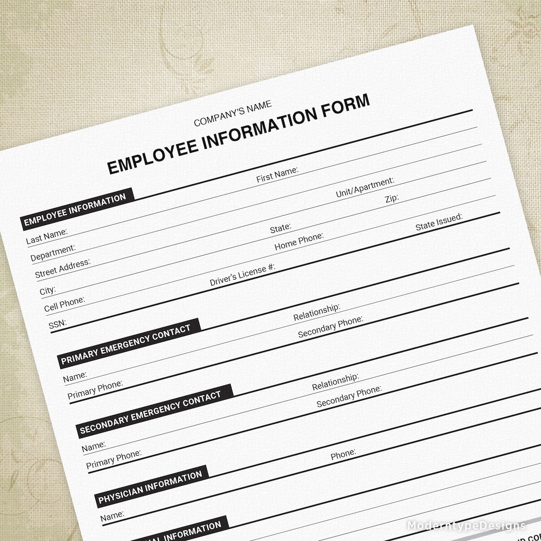 Employee Information Printable Form, New Hire Sheet, Digital File ...