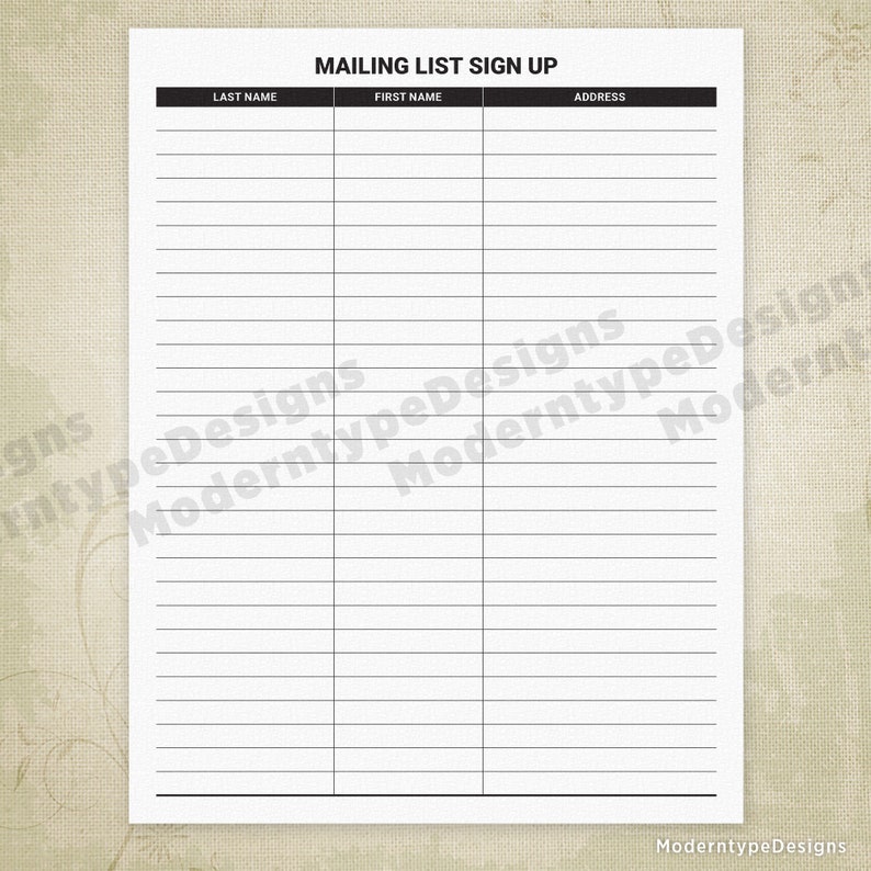 Mailing List Sign up Sheet, Basic Address Tracker Printable for ...