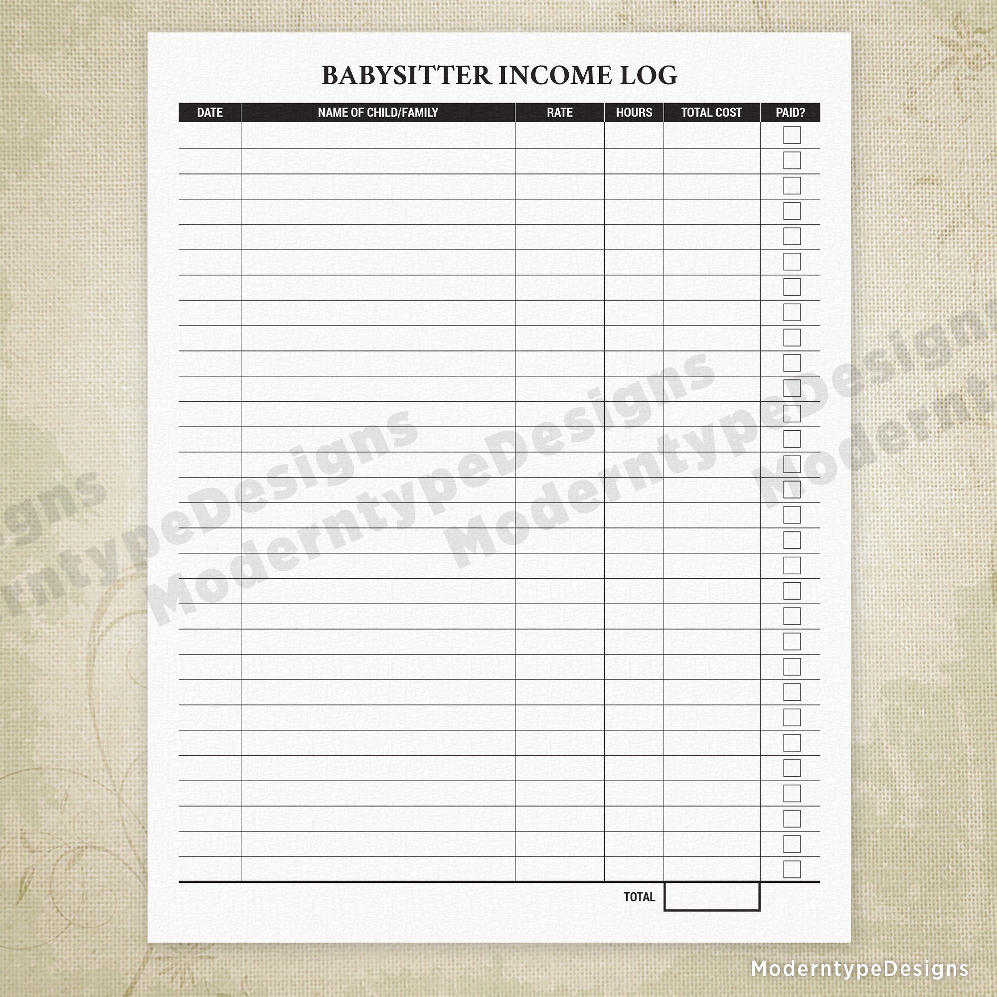 Babysitter Income Log Printable Sheet, Job List for Child Care ...