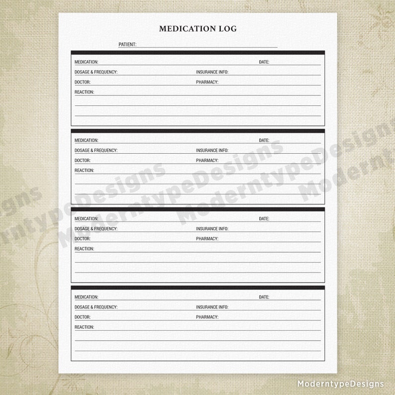 Medication Log Printable Form for Patients, Meds List, Drug Organizer ...