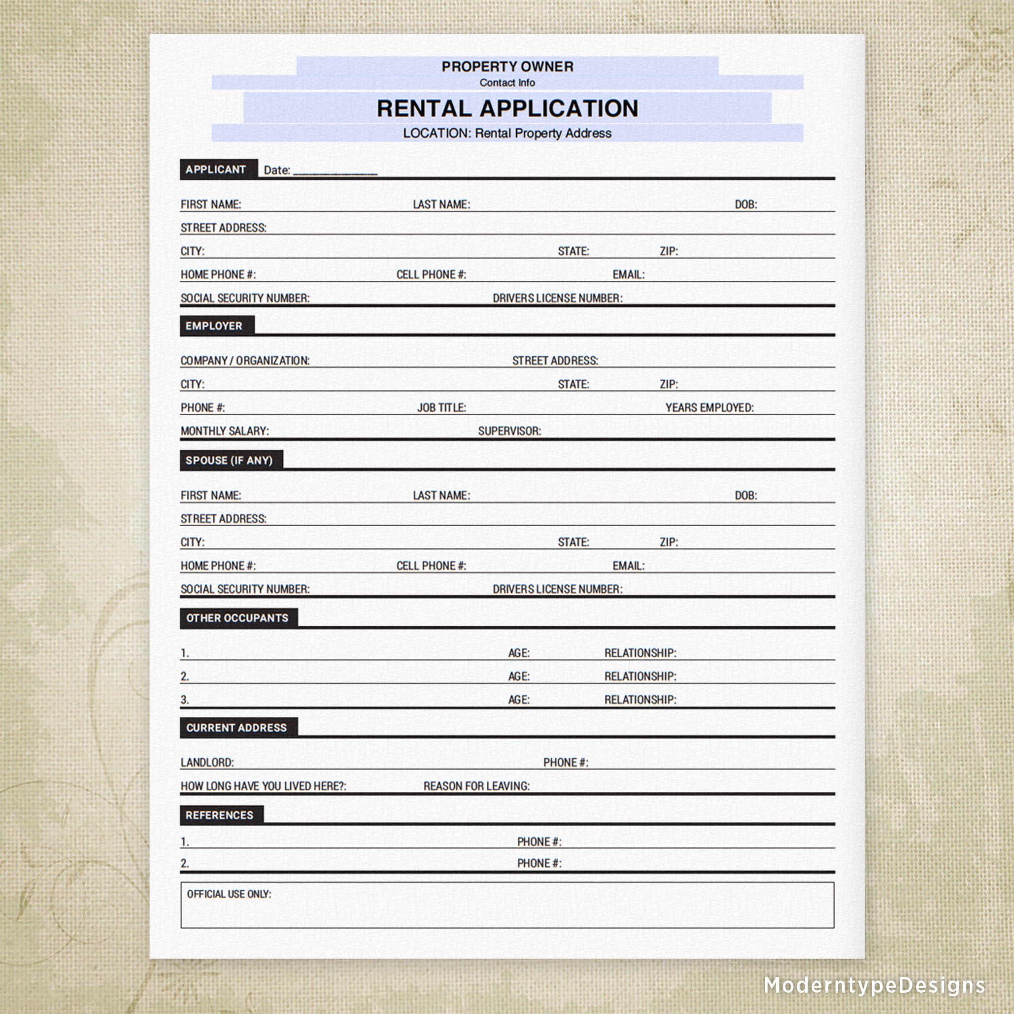 Rental Property Application Printable for Apartment, House, Home ...