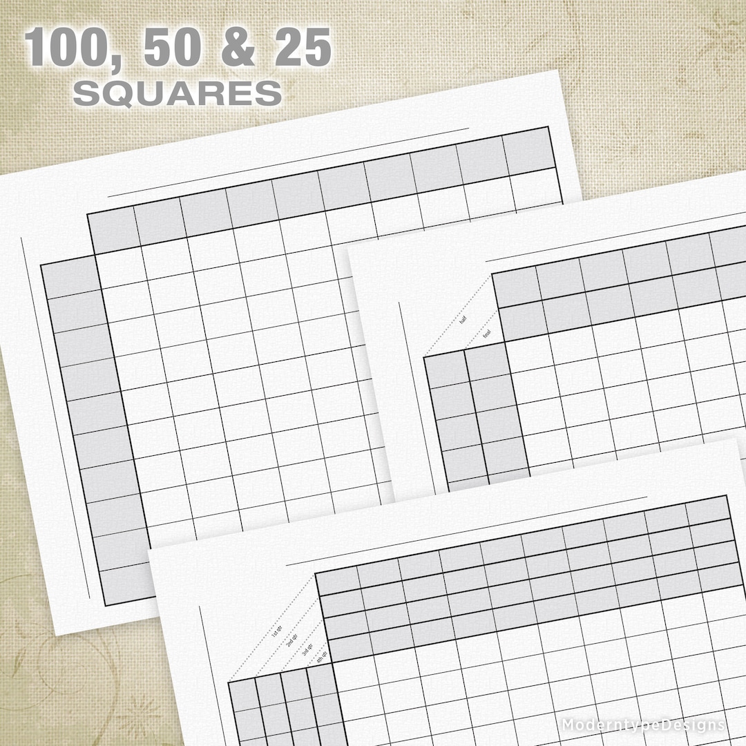Football Sports Pool Squares Printable, 25, 50, 100 Team Contest ...
