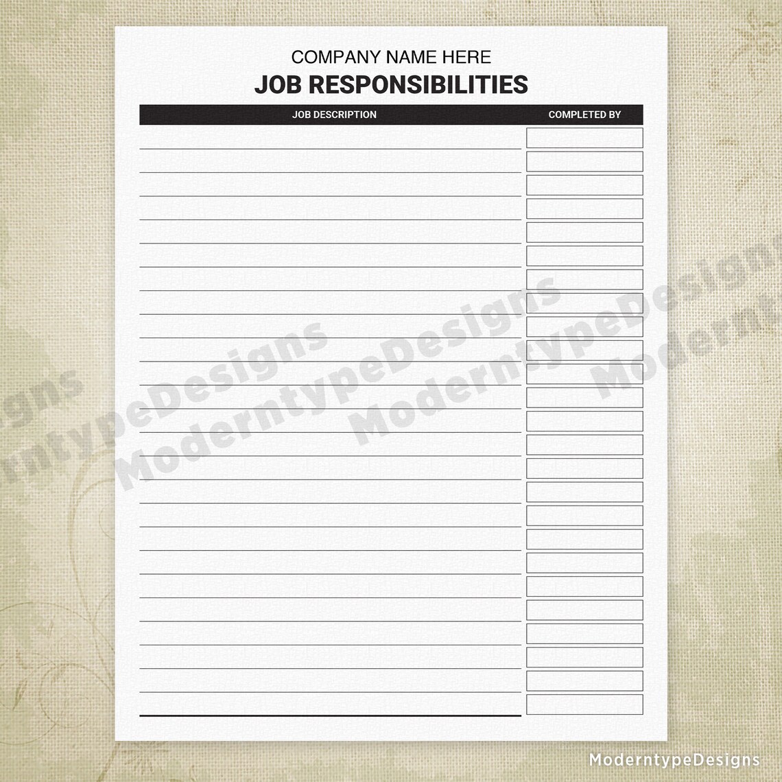 Job Responsibility Checklist Printable, Editable Company Task Log ...