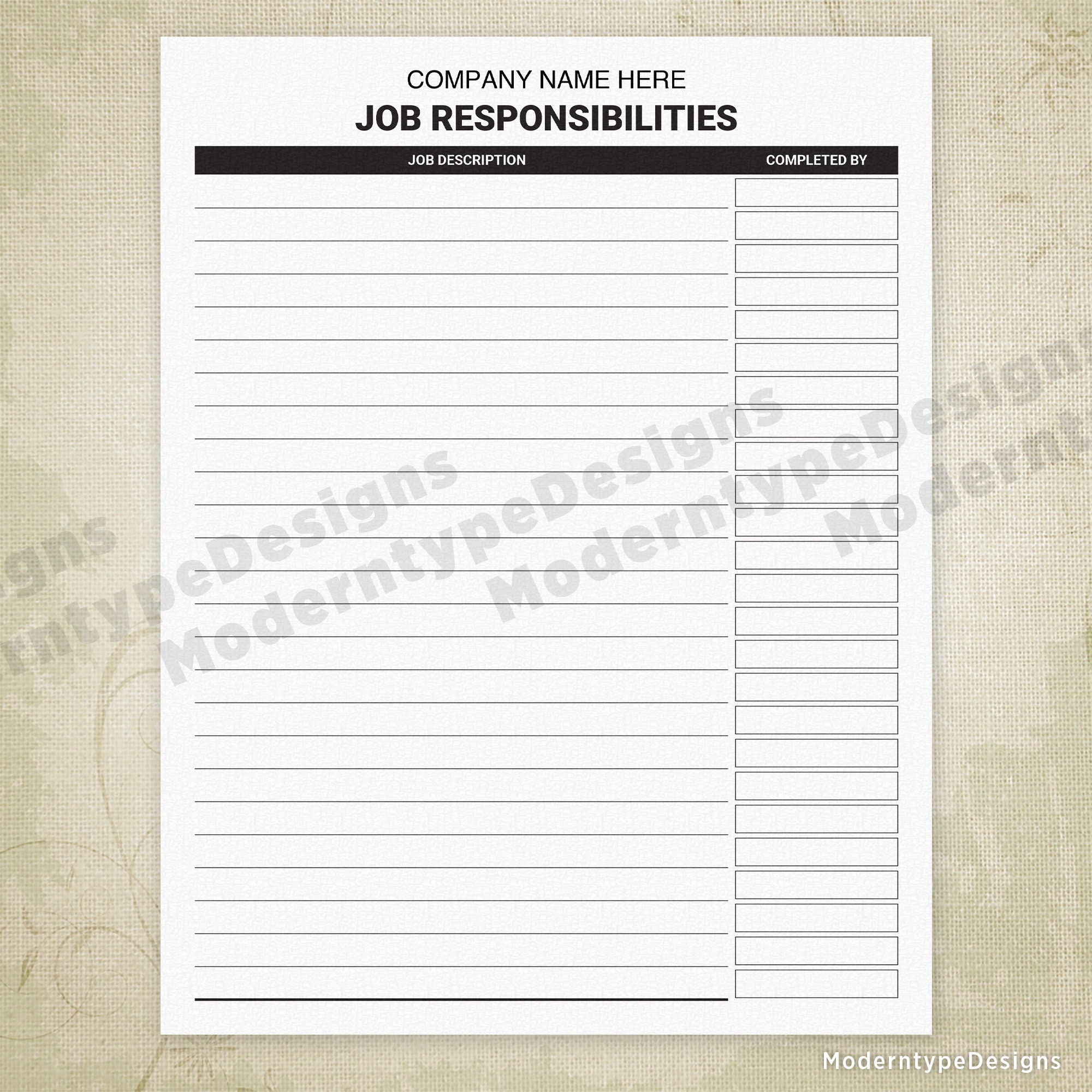 Job Responsibility Checklist Printable, Editable Company Task Log ...