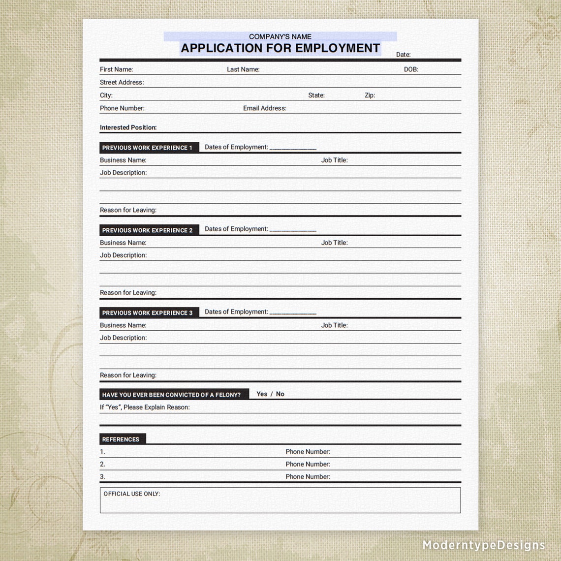 Application for Employment Printable, Now Hiring Form, Job Application ...