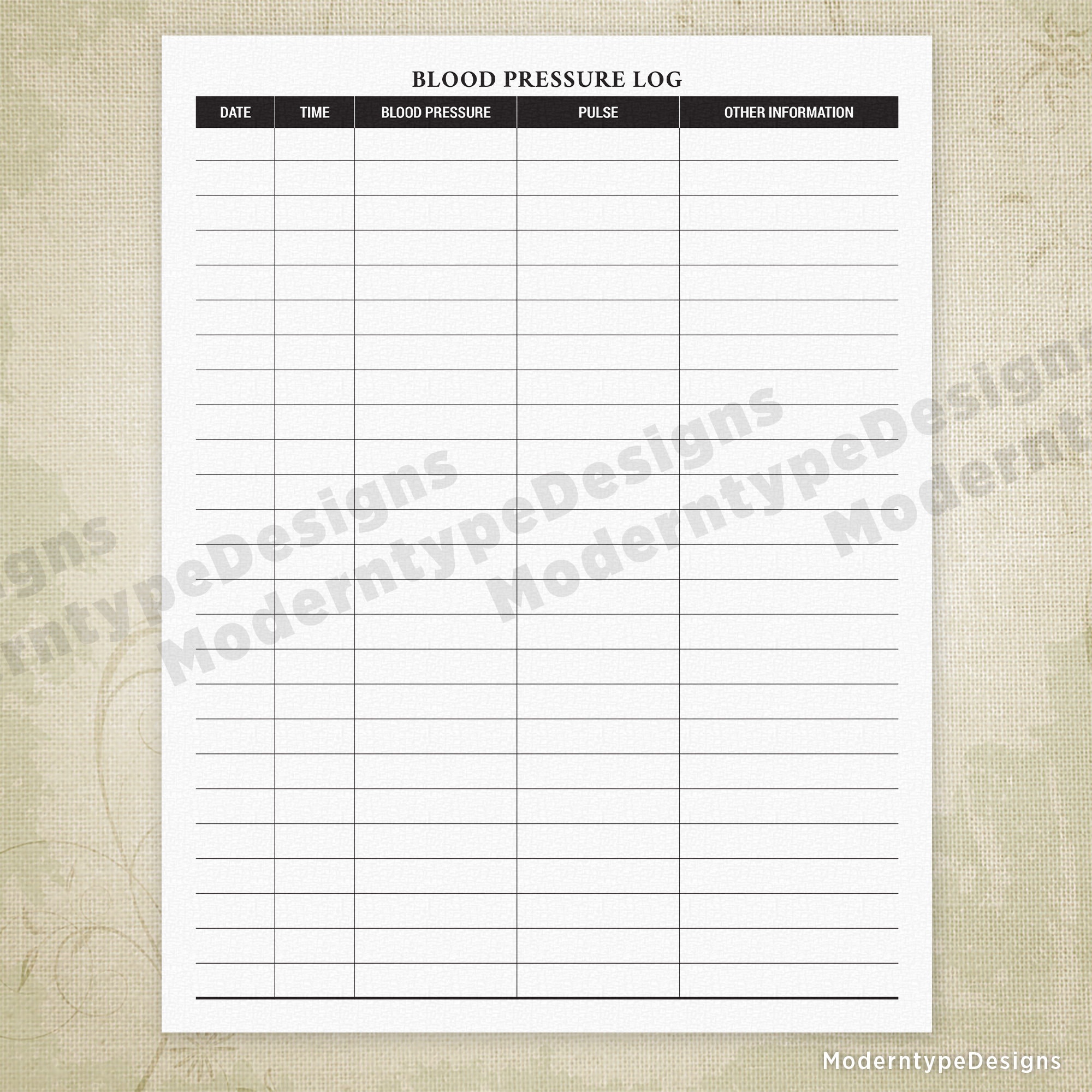 Blood Pressure Log, Printable Form for Patients, Simple BP Tracker ...