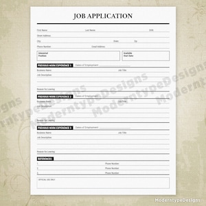 Job Application Printable, Employment Form, Employer Document, Work ...