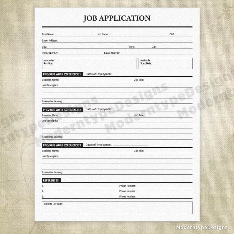 Job Application Printable, Employment Form, Employer Document, Work ...
