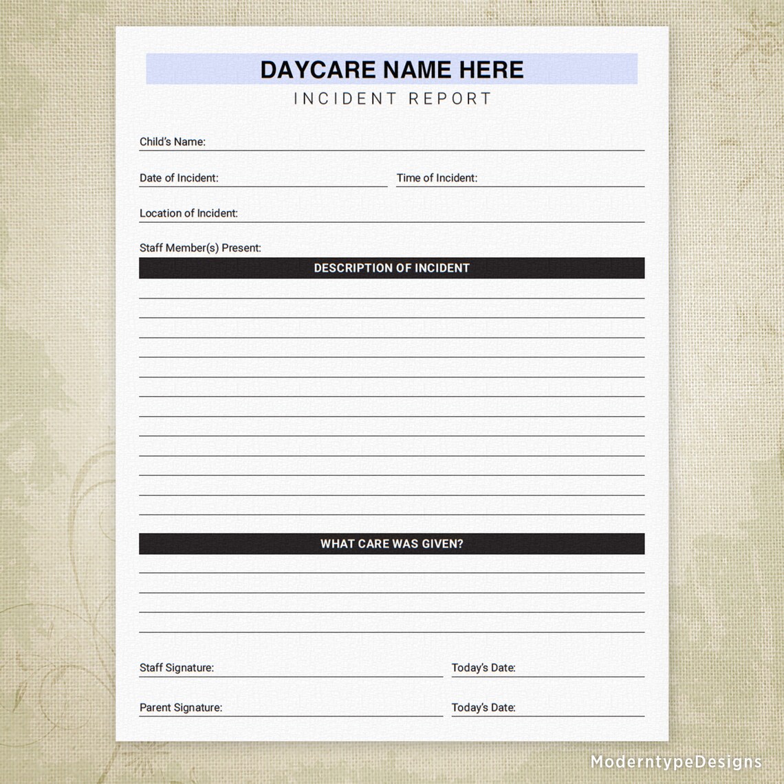 Incident Report Printable, Daycare Form, Child Accident, Ouchie Sheet ...