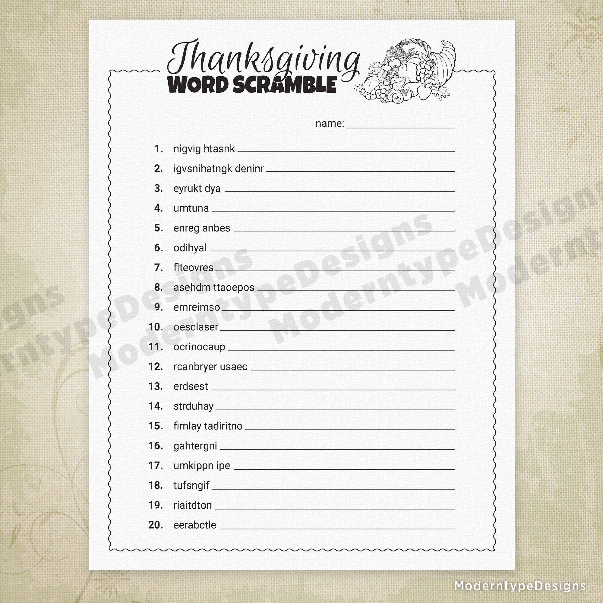 Thanksgiving Word Scramble Game Printable Digital Download, Word ...