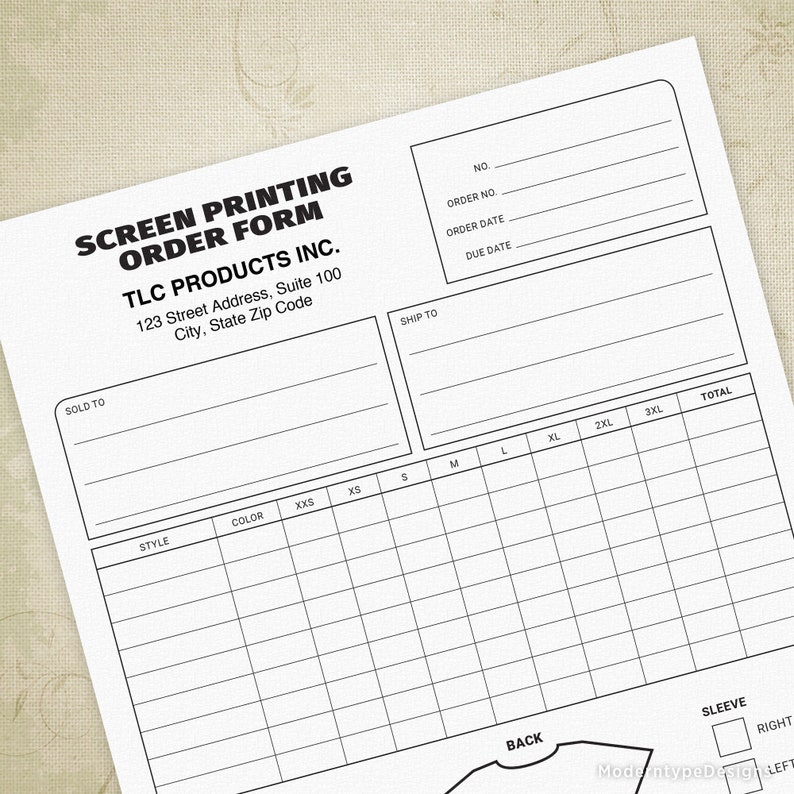 Screen Printing Order Form Printable, T-shirt Business Form, Digital ...