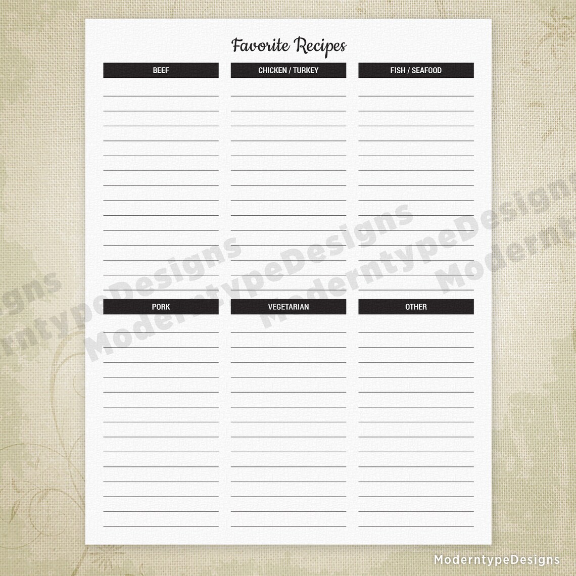 Favorite Recipes Printable Planner, Family Food List, Digital File ...