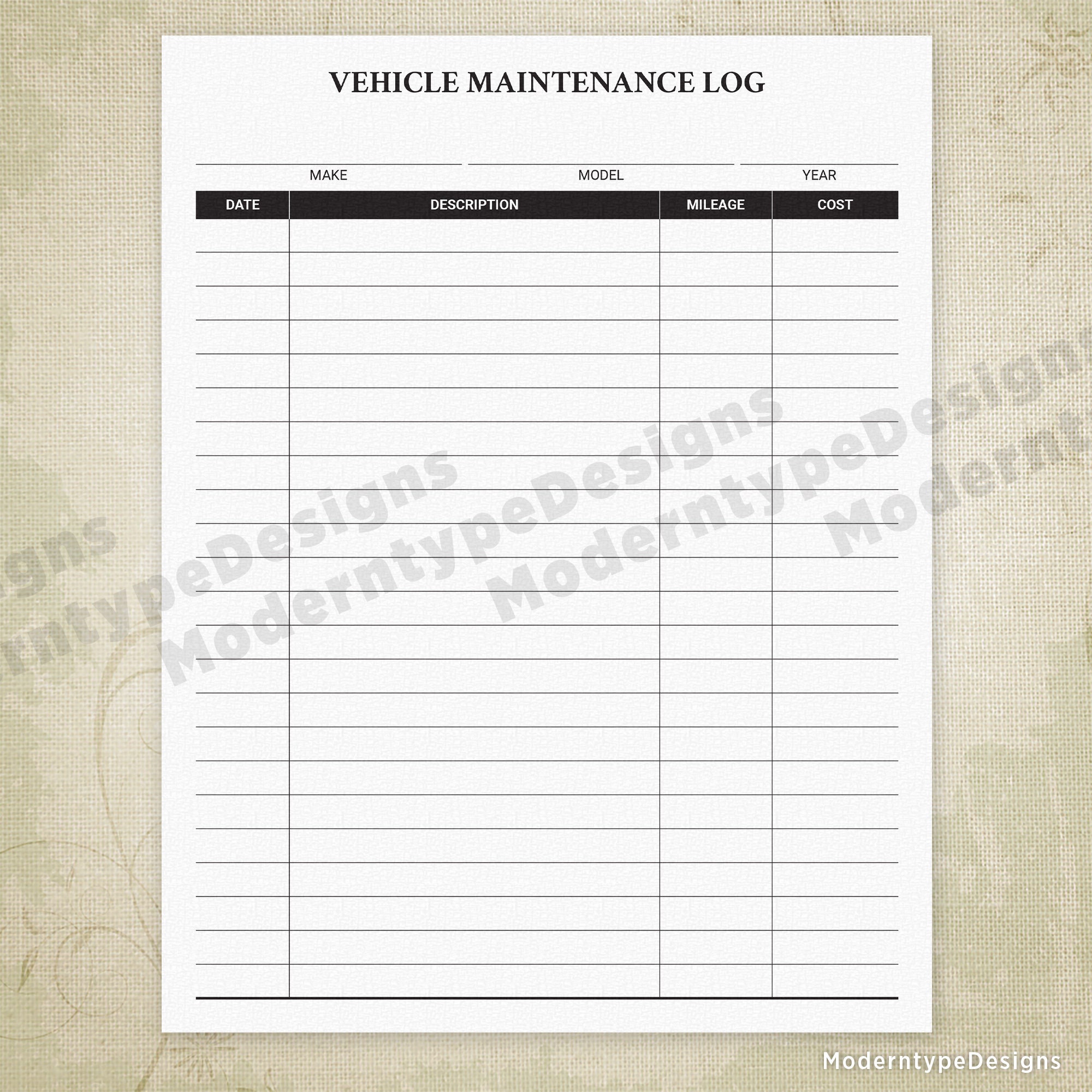 Vehicle Maintenance Log, Printable Form, Automobile Planner, Digital ...