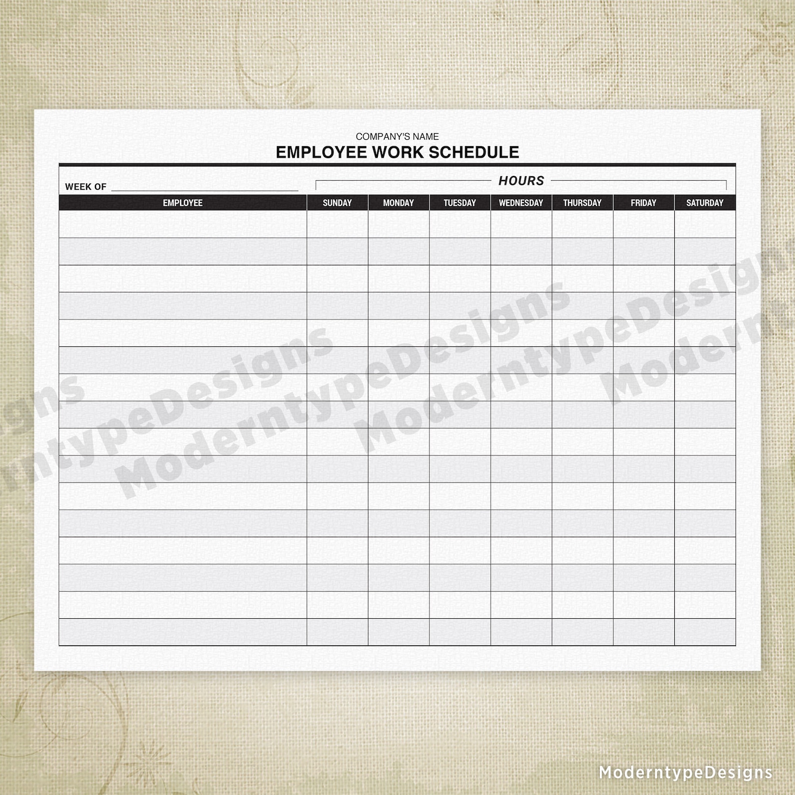 Employee Work Schedule Printable, Staff Daily Working Hours Shift Chart ...