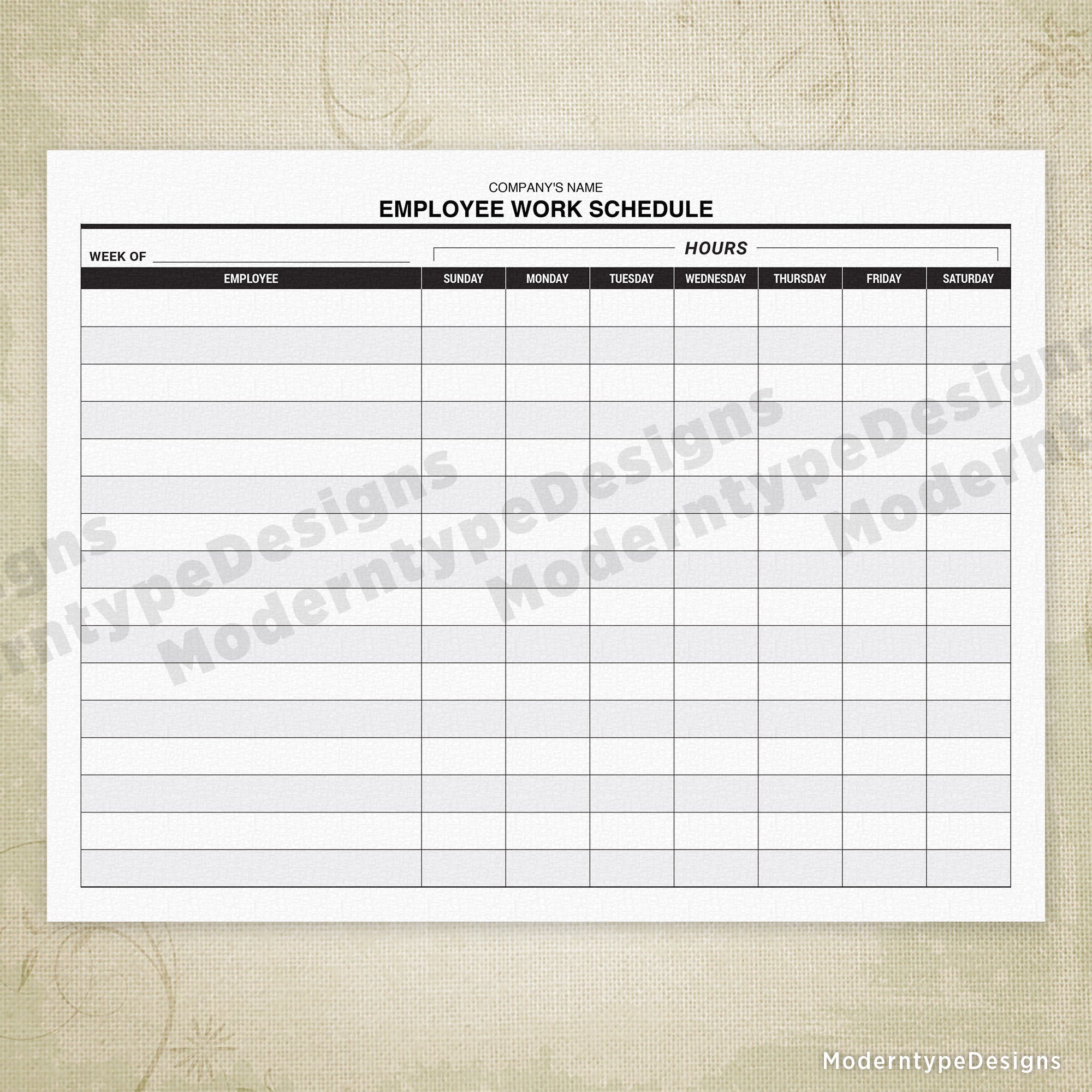 Employee Work Schedule Printable, Staff Daily Working Hours Shift Chart ...