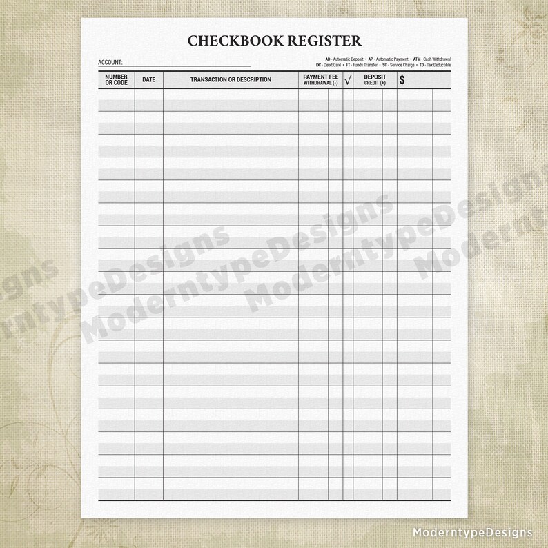 Traditional Checkbook Register Printable, Bank Account Deposit ...