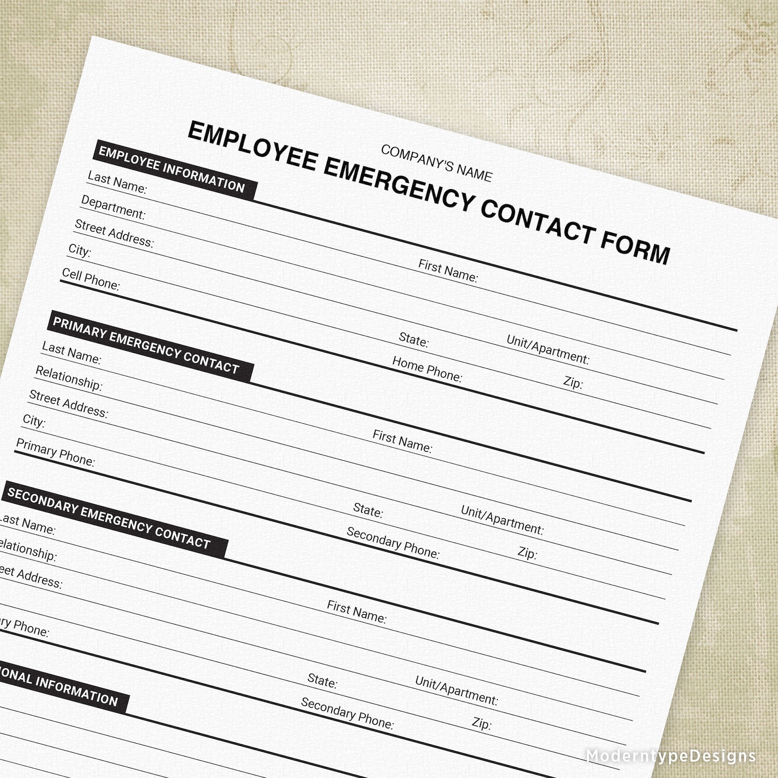 Emergency Contact Printable Form, Employee Information, Company Phone ...