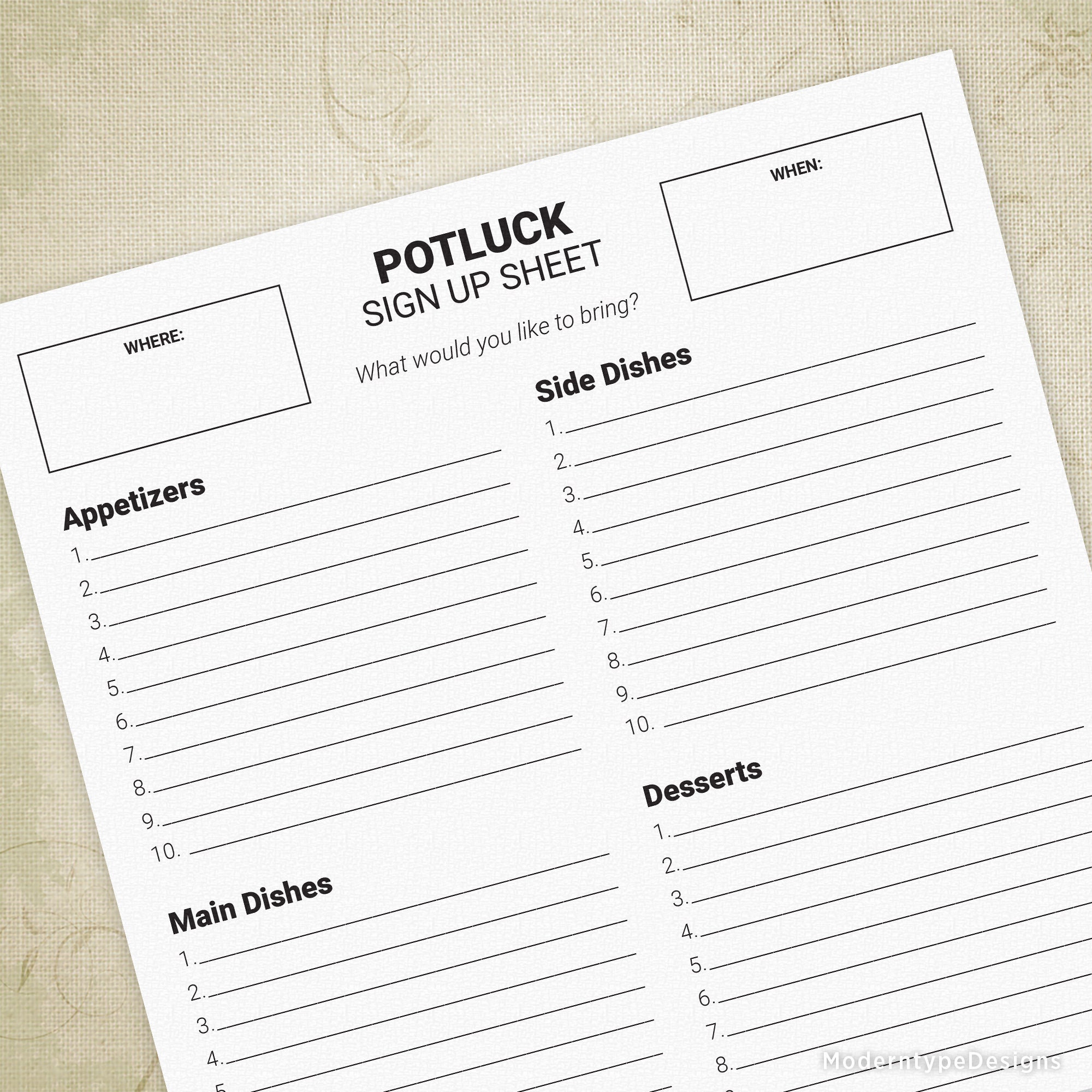 Potluck Dish Sign up Sheet, Fundraiser Dinner, Supper Covered Dish ...