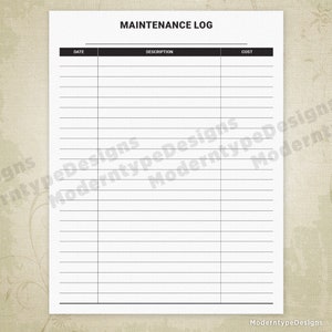 Maintenance Log for Home or Businesses, Printable Form, Repair Records ...