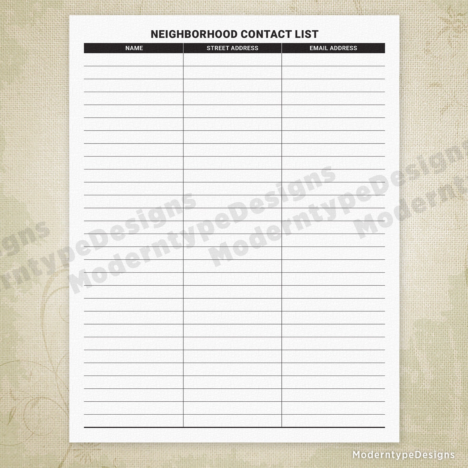 Neighborhood Contact List Sign up Sheet, Street Address Tracker ...