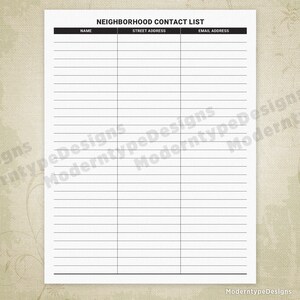 Neighborhood Contact List Sign up Sheet, Street Address Tracker ...